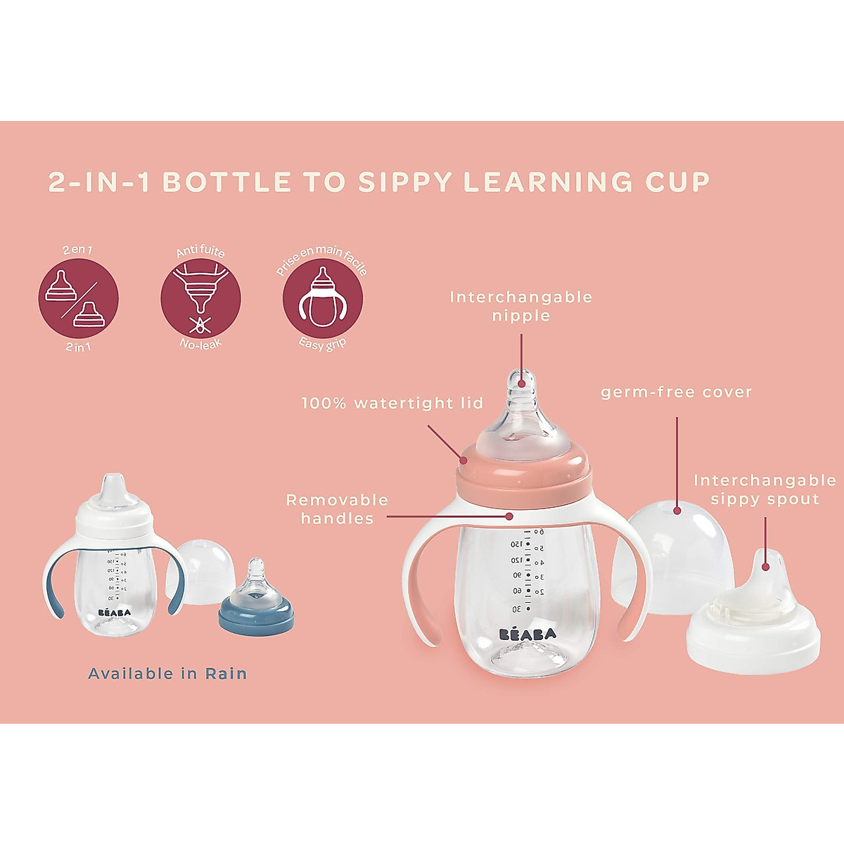 BEABA 2-in-1 Baby Bottle to Transition Sippy Cup, No Spill Sippy Cup, Includes Removable Handles, Silicone Baby Bottle Nipple and Soft Spout, 7 oz (Rose)