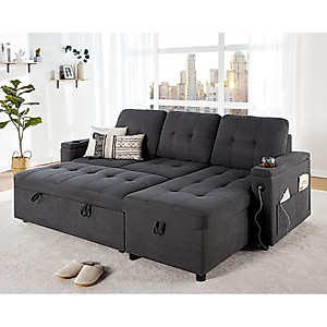 VanAcc Sleeper Sofa, Pull Out Couch Bed with USB Charging Port & Cup Holders, L-Shaped Sectional Couch with Storage Chaise, Comfy Couch for Living Room (Dark Grey)