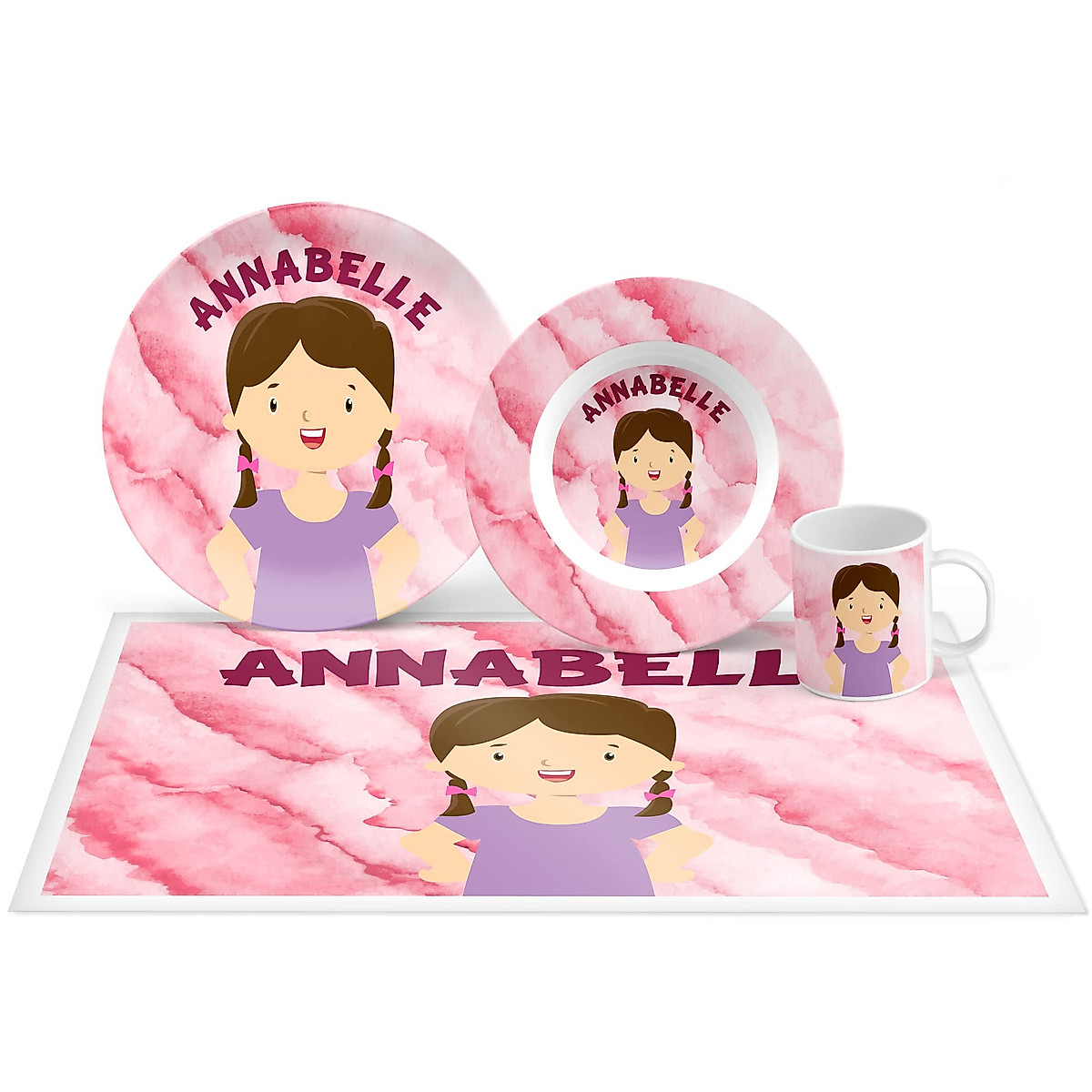 Kids Personalized Plate Set - Mini Me Girl Character - Plate, Bowl, Placemat, Mug - Customize Character