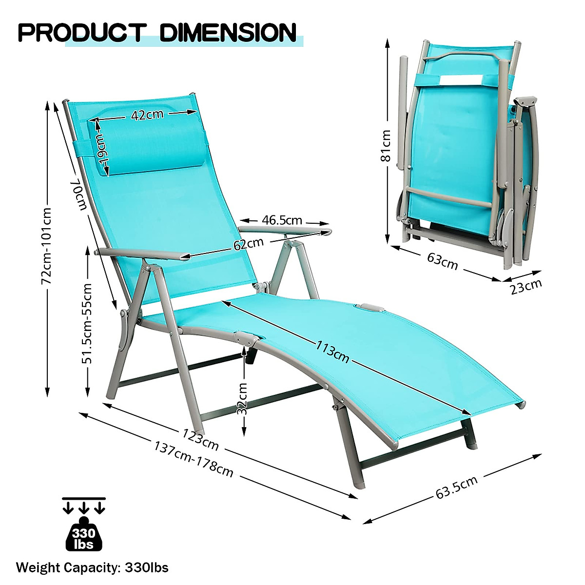 Giantex Chaise Lounge Chair for Outside, Pool Folding Reclining Beach Chair W/Removable Cushion&Headrest Pillow, Outdoor Lounge Chaise w/ 7 Backrest Positions, Portable Patio Lounger (1, Turquoise)