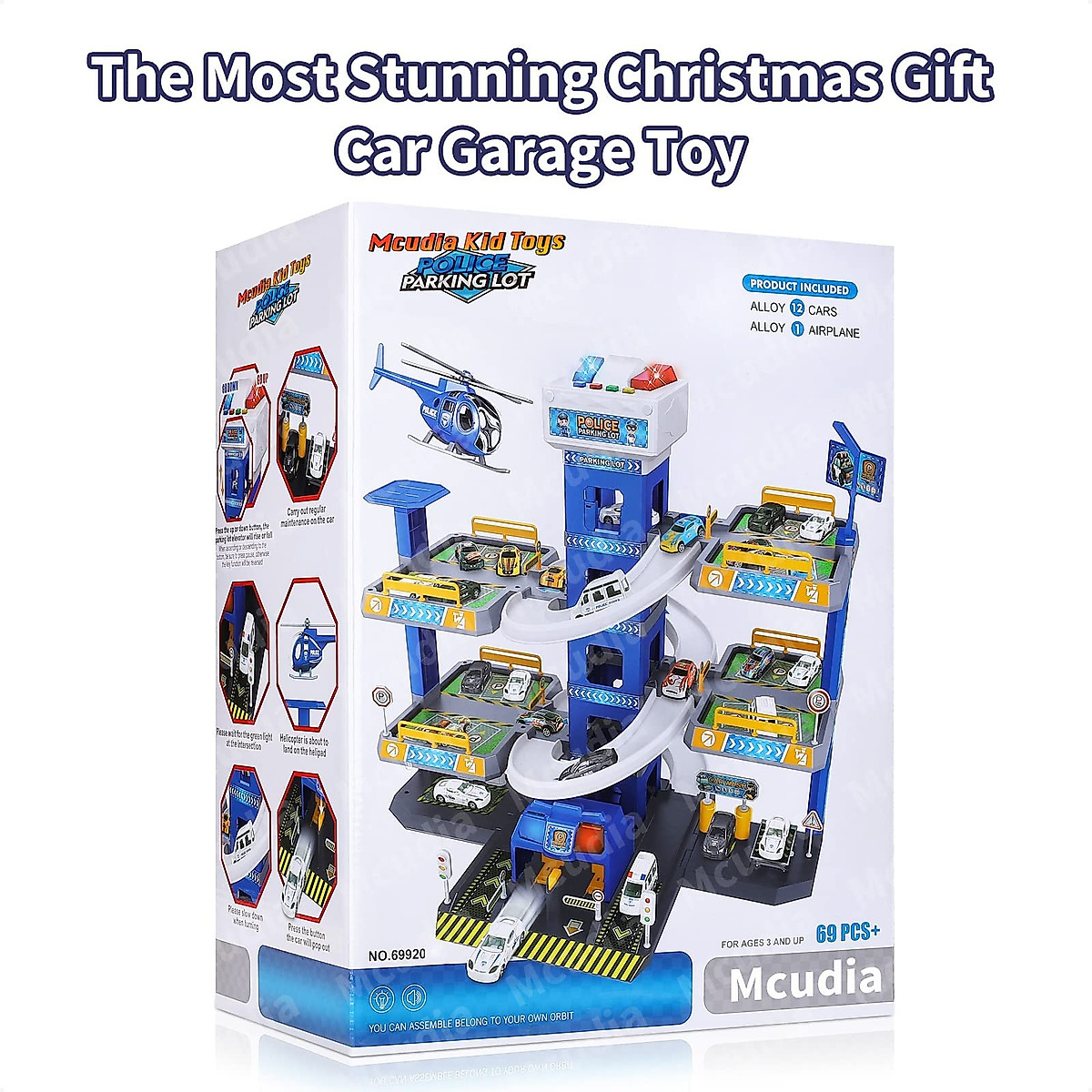 Car Garage Playset for 1:64 Police Cars, Racing Cars & Helicopter, Car Parking Playsets Toy with Elevator Parking Lot for Toddlers 1-3, Car Track for Kids Build Up to 5 Levels with 24 Parking Spaces