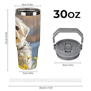 WITHSBKK 30oz Car Cup Maltese Dog Printed with Portable, Stainless Steel Travel Mug, Vacuum Insulated Tumbler And Straw, Leakproof for Car & Outdoor, UV Printed Design