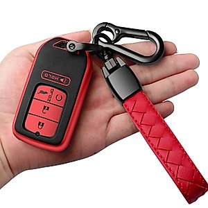 Sindeda for Honda Key fob Cover with Leather Keychain,Soft TPU Full Cover Protection,Key fob case Compatible Honda Accord Civic CRV Pilot Odyssey Passport Smart Remote Key，Key Fob Shell Red