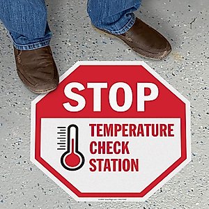 SmartSign “Stop - Temperature Check Station” Anti Slip Adhesive Octagonal Floor Sign | 17" x 17"