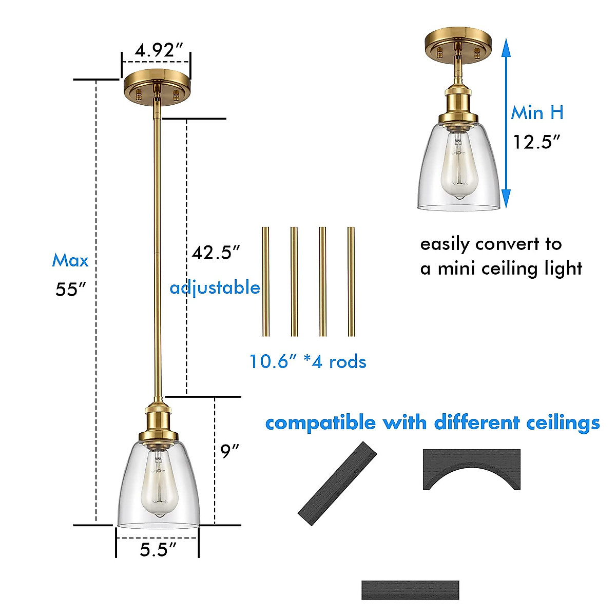 CLAXY Glass Pendant Lights Kitchen Island Mini Pendant Lighting Bell Shade Adjustable Rod Hanging Pendant Light Fixture Gold