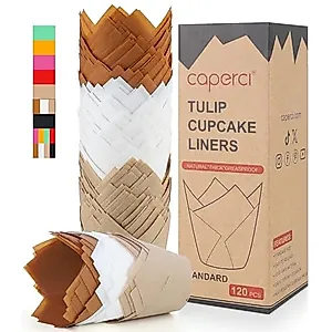 Caperci Standard Tulip Cupcake Liners for Baking 120 Counts - Greaseproof Muffin Baking Cups for Wedding Birthday Party Baby Shower Festivals Christmas (Natural/White/Brown)