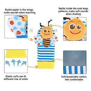 Soft Baby Rattle Toys, Wrist Rattle Foot Sock Rattles, Hand Arm Leg Ankle Handheld Rattles for Infants, Sensory Plush Animal Toys for Newborn Baby Girls and Boys (A4)