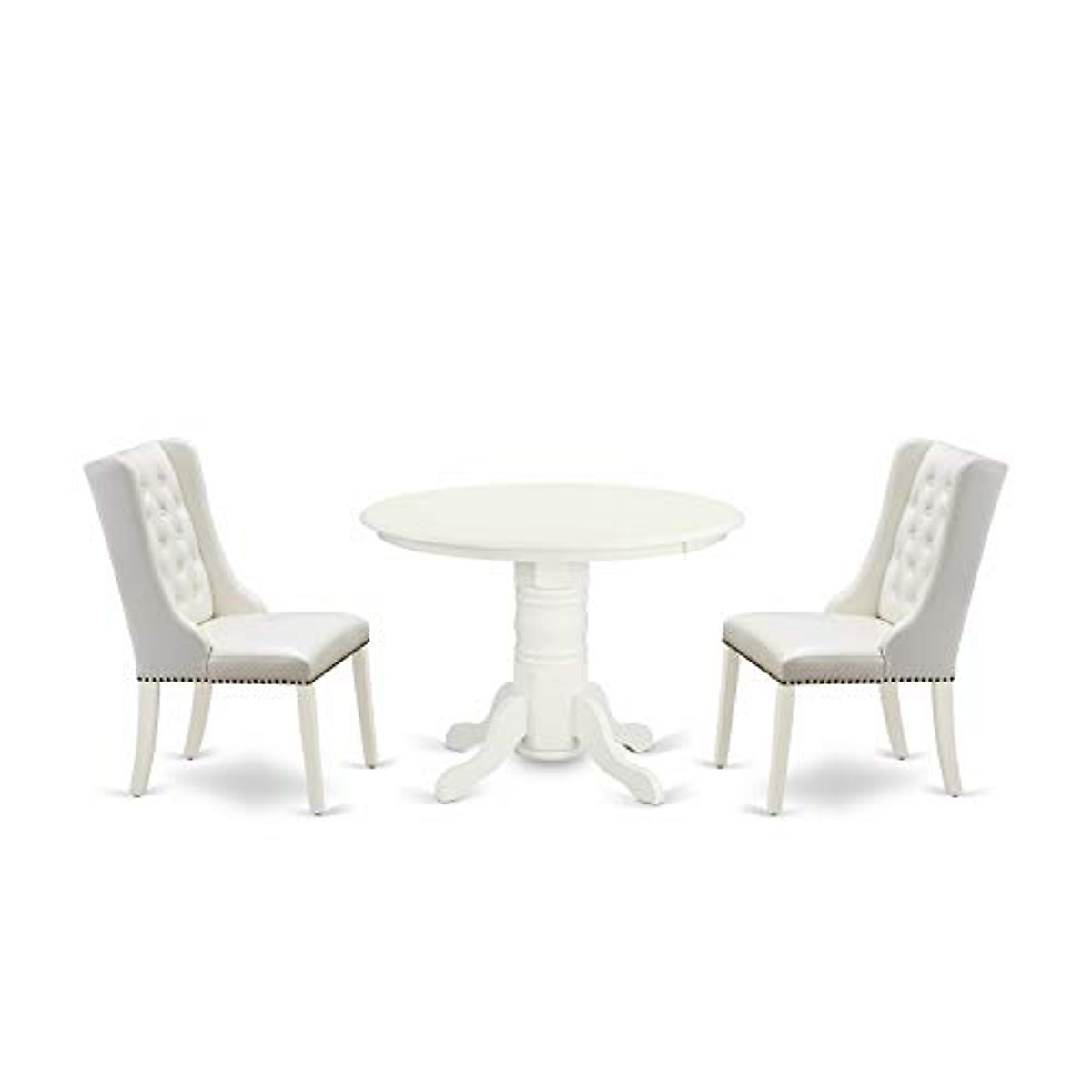 East West Furniture SHFO3-WHI-44 3 Piece Dining Set Contains a Round Dining Room Table with Pedestal and 2 Light Grey Faux Leather Upholstered Parson Chairs, 42x42 Inch, Linen White