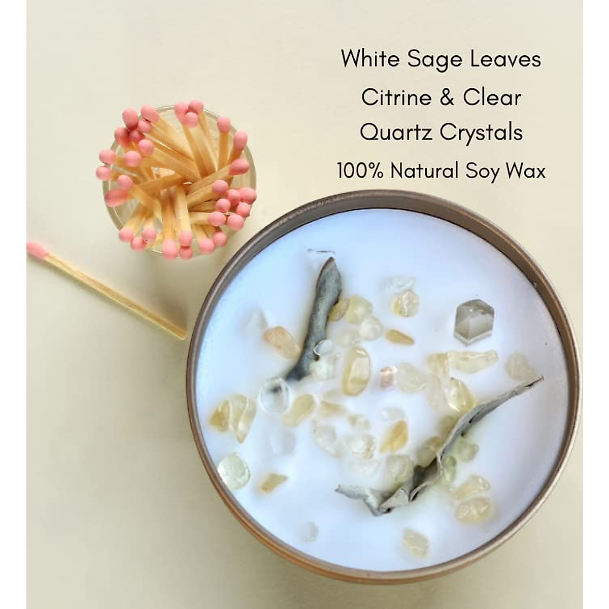 White Sage Smudge Candle with Citrine & Quartz Gemstone Crystals 100% Natural Soy Essential Oils (Sage)