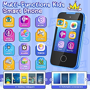 Kids Phone Toy for 3 4 5 6 Year Old, Touchscreen Kids Cell Phone Dual Camera with Music Player Flashlight Puzzle Games Alarm Learning Toys Christmas Birthday Gifts for Boys Ages 3-6 with SD Card Blue