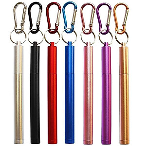 Hoshen Reusable Three-Section Foldable Metal Straw, Portable Telescopic Straw, Including Brush and Small Carabiner (Aluminum Alloy Shell), Black, 2 PCS