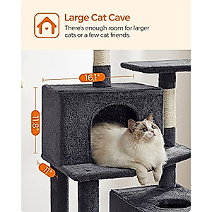Feandrea Cat Tree, 75.2-Inch Cat Tower for Indoor Cats, Plush Multi-Level Cat Condo with 5 Scratching Posts, 2 Perches, 2 Caves, Hammock, 2 Pompoms, Smoky Gray UPCT191G01