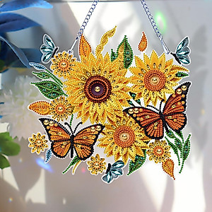 AZURAOKEY Sunflower Diamond Art Kits Hanging Sign Special Shaped Diamond Dots Art Acrylic Ornaments Flower Diamond Art Kits Pendant for Adult Kid Home Wall Window Decor Gift