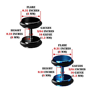BIG GAUGES 2 Pairs Black Anodized 16g Gauge 1.2mm 0g (8mm) Dark Blue Fake Plugs O-Rings Piercing Cheater Illusion Ear Lobe Plugs BG3272