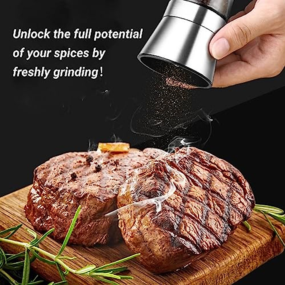 Salt and Pepper Grinder Set, Trofoty Stainless Steel Sea Salt & Pepper Grinder Refillable Set, Manual Adjustable Ceramic Salt and Pepper Grinders, Clear Glass Metal Pepper Mill Set - 2 Pack