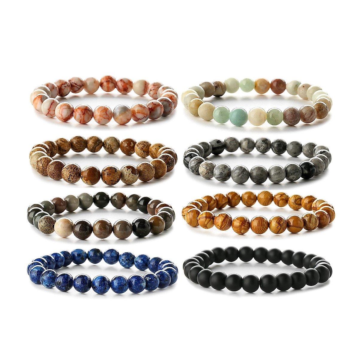 Fiqozev 8Pcs Natural Beads Healing Gemstone Bracelet, 8mm Semi Precious Stone Bracelet for Men Women, Stress Relief Crystal Jewelry
