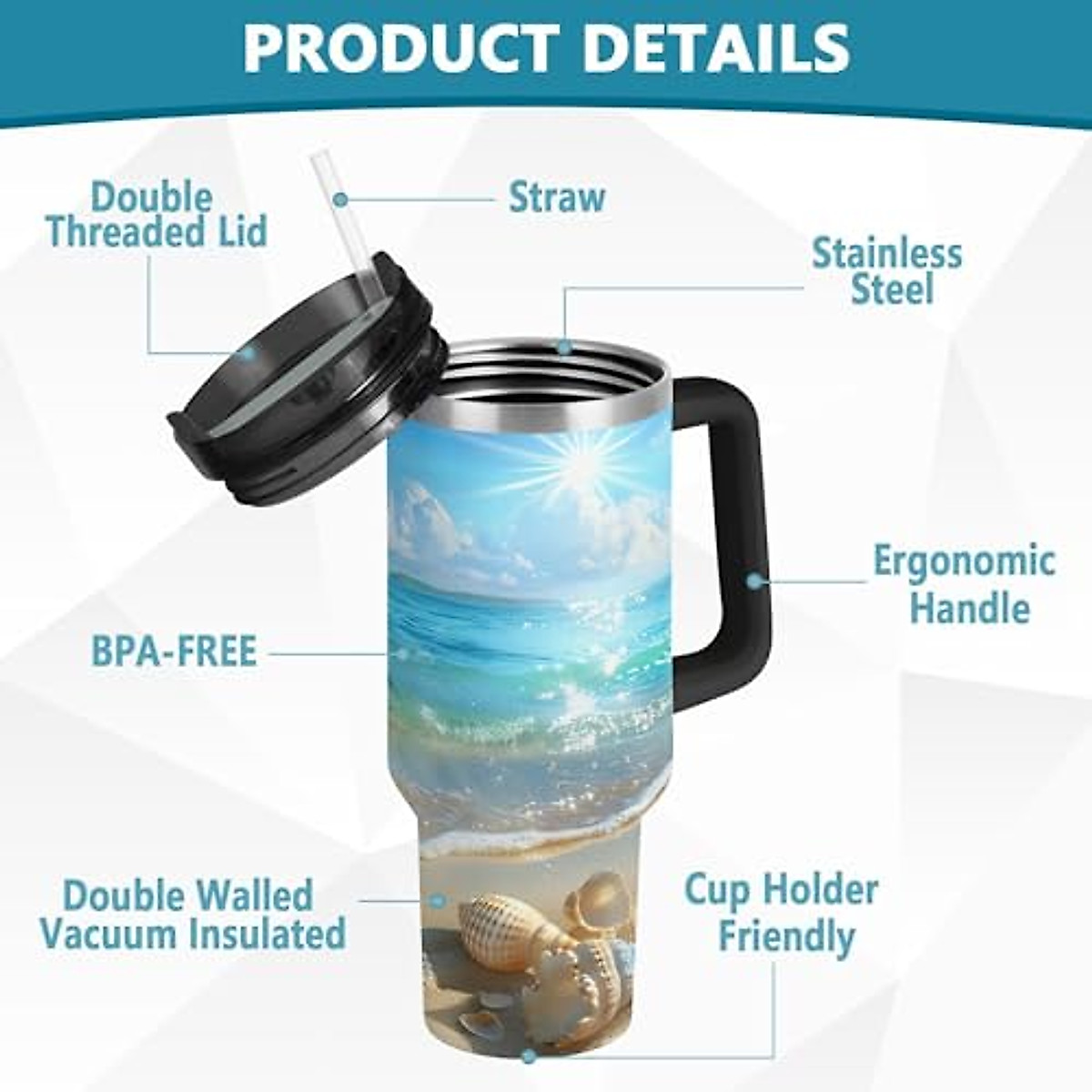FRCSDIY Beach Shells Insulated Tumbler with Handle and Straw Lid,40oz Leakproof Stainless Steel Cup BPA-Free Water Bottle