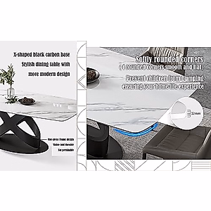 Modern Dining Table, Sintered Stone Tabletop Dining Room Table for Up to 8, Simple Retro Art, Rounded Corner Design, Solid Black Carbon Steel Base, 71"