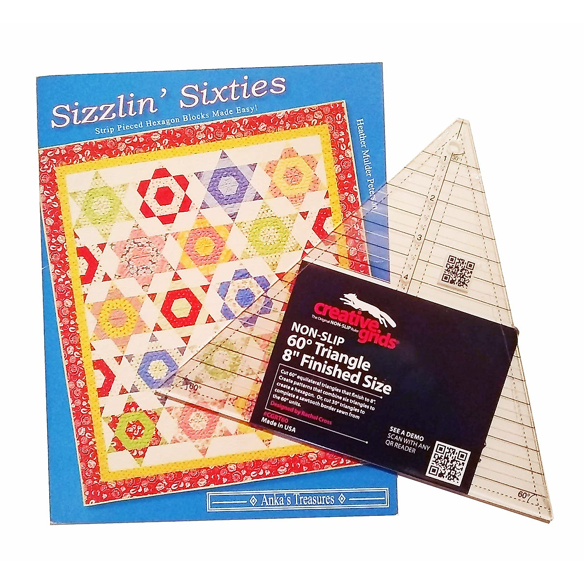 Creative Grids The Sizzzlin' Sixties Quilts Book by Anka's Treasures & The 60-Degree Triangle (8" Finished) Ruler cgrT60 Bundle