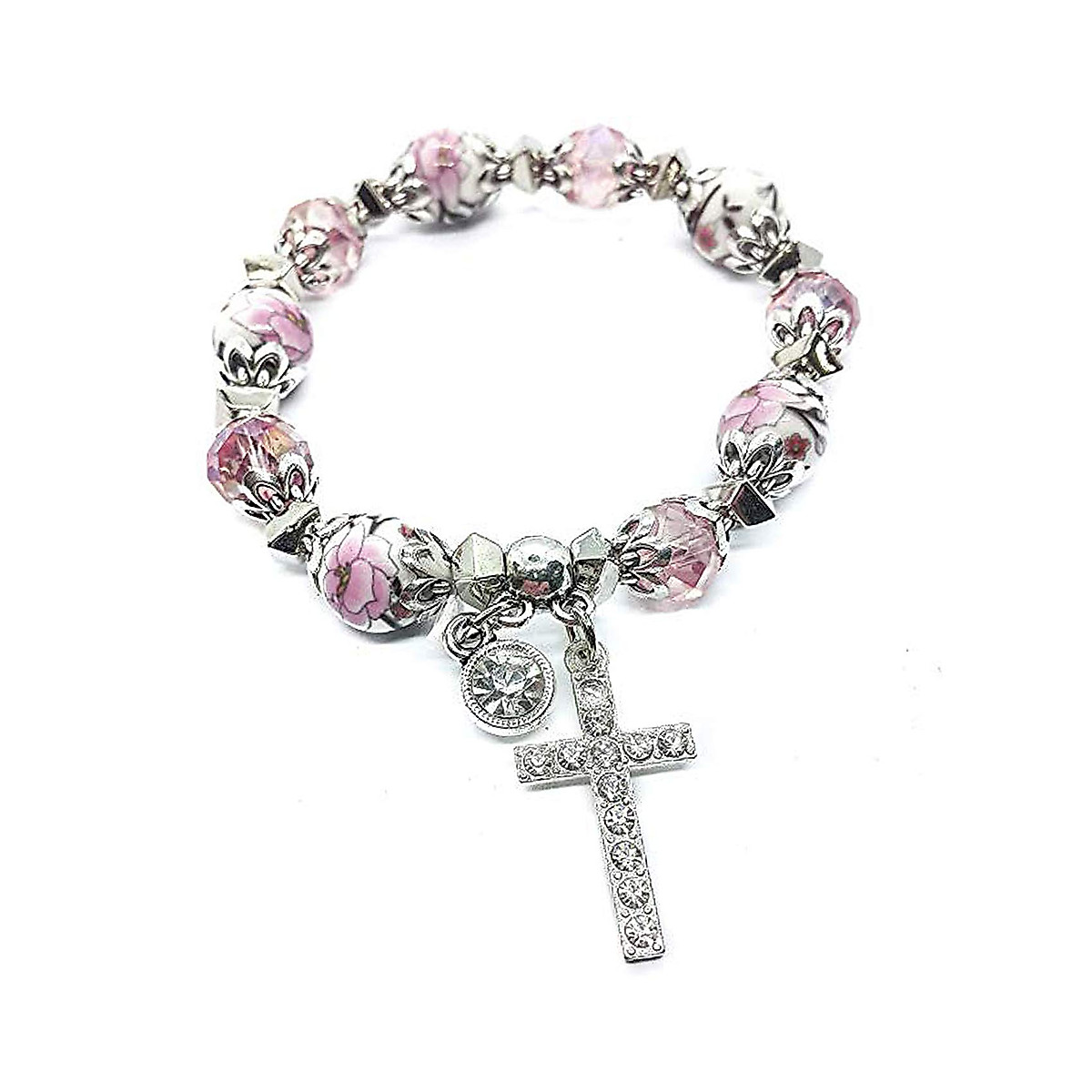 Nazareth Store Religious Cross Bracelet Christian Classic Beaded Bangle with Pink Crystal Beads Sacred Gift for Women & Men