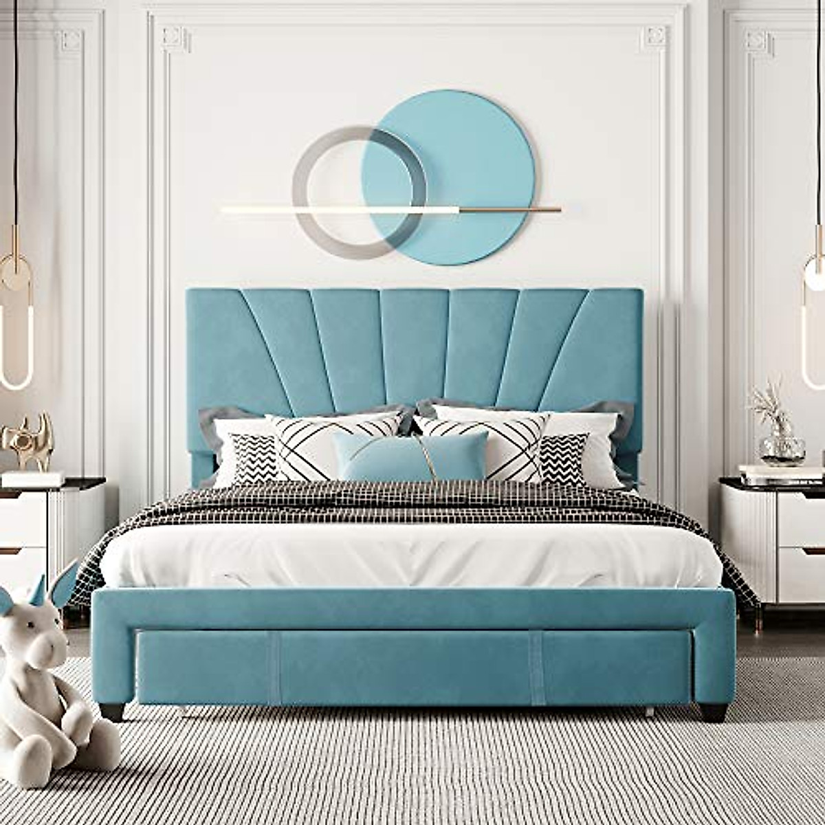 Lifeand Queen Size Storage Bed Velvet Upholstered Platform Bed with a Big Drawer - Blue
