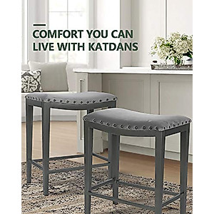 KATDANS Grey Bar Stools Set of 2 Counter Height 24 Inches Backless Barstools for Kitchen Counter Modern Saddle Stools Velvet Nailhead Upholstered Stools, KS718PN