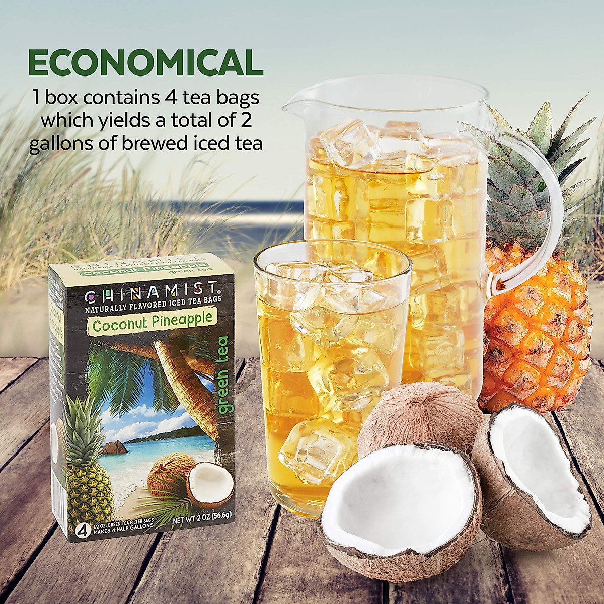 China Mist Iced Tea – Coconut Pineapple Green Tea Infusion – Refreshing and Delicious – Each Tea Bag Yields 1/2 Gallon – 4 bags.
