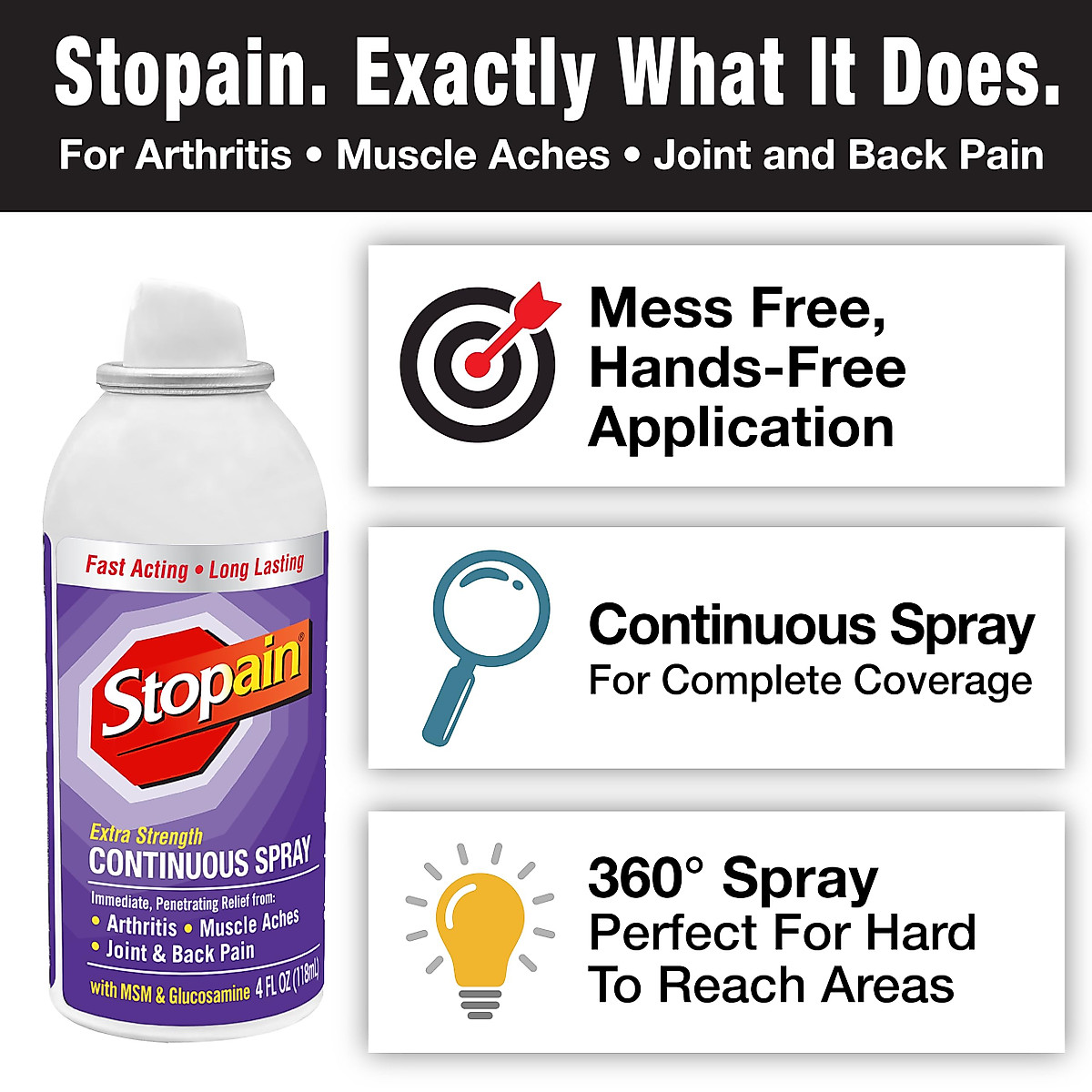 Stopain Pain Relief Spray 4oz, USA Made, Max Strength Fast Acting with Menthol, MSM, Glucosamine for Lower Back, Arthritis, Knee, Neck, Joints, HSA FSA Approved OTC Topical Analgesic Product