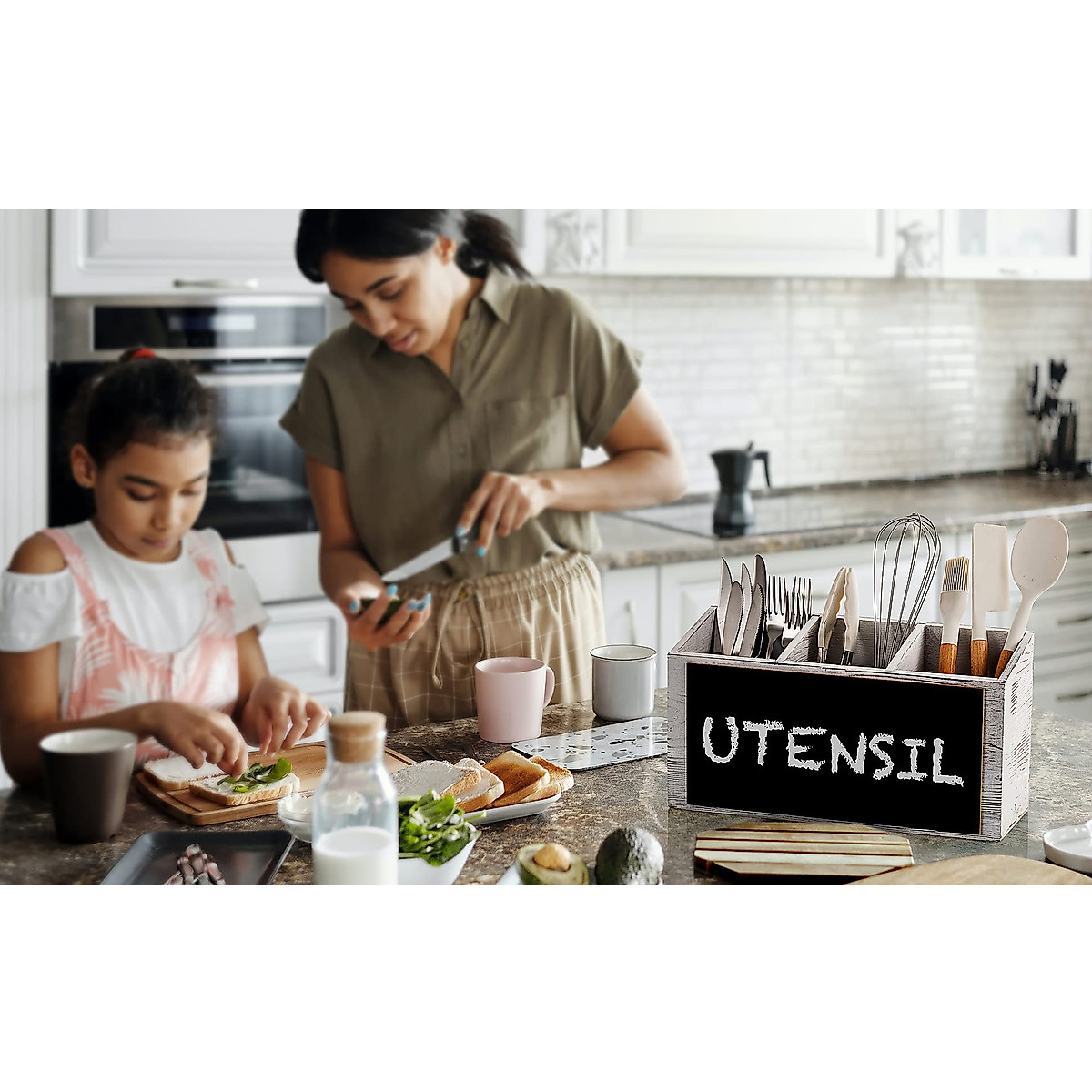 Hanobe Kitchen Utensil Holder with 3 Compartments & Chalkboard Front Panel：Wooden Cooking Utensils Organizer Vintage Washed White Cutlery Holder Rustic Flatware Utensil Caddy Countertop for Silverware