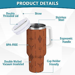 40 oz Insulated Coffee Tumbler With Lid and Straw Water Bottle Stainless Steel Tumbler for Men & Women Unique Gift Idea Brown Geometric Bull - Head 27