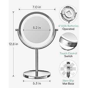 Benbilry Lighted Makeup Mirror with Lights and Magnification 10X/1X, Double Sided 360° Swivel 7" LED Dimmable Vanity Mirror with Touch Control Switch, Battery Operated Cordless Standing Shaving Mirror