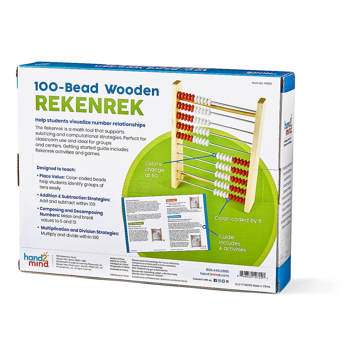 hand2mind 100 Bead Wooden Rekenrek, Abacus for Kids Math, Math Manipulatives Kindergarten, Counting Rack for Kids, Counters for Kids Math, Educational Toys for Elementary Kids (Set of 1)