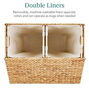 Best Choice Products Large Double Laundry Hamper with Lid, Natural Handwoven Water Hyacinth, 2 Sections w/ 2 Machine Washable Linen Liner Bags, Portable, Handles - Natural