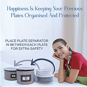 CHINA STORAGE CONTAINERS, Plate Storage include: 4 China Storage Containers Hard Shell Polyester, with 48 Round Felt Pot Protectors for Stacking, China Storage includes Bonus Drawstring Bag.