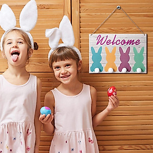 2 Pieces Happy Easter Wooden Sign Easter Hanging Wood Decor Easter Welcome Door Sign Gnome Bunny Eggs Wood Easter Decorations for Home Garden Spring Party, 12 x 7.8 Inch
