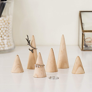 MyGift Natural Wood Wedding Ring Holder for Jewelry Engagement, Costume Ring Cone, Set of 6