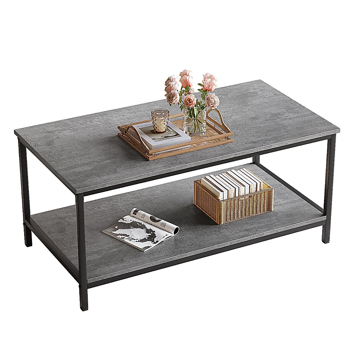 SAYGOER Coffee Table with Storage 2-Tier Industrial Center Table for Living Room, Rectangle Wood Table for Small Spaces Apartment Home Office, Concrete Gray