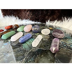 CrystalsAhoy 3" Selenite Charging Plate with TWO Chakra Sets included, polished round and double pointed chakra crystals
