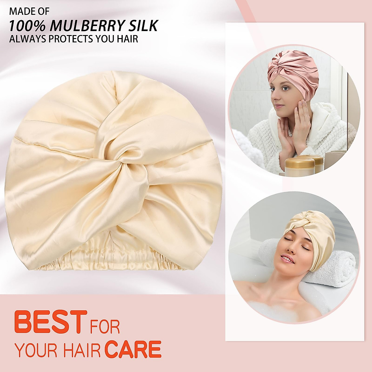3 Pieces Silk Hair Wrap for Sleeping Women Bonnet Silk Sleeping Bonnet Elastic Hair Care Sleep Cap for Natural Curly Hair (Champagne, Black, Rose Gold)