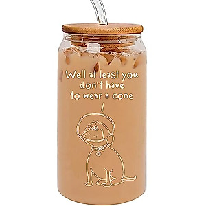 Break Up, Divorce Gifts For Women - Get Well Gifts For Women After Surgery, Feel Better Gifts - 16 Oz Coffee Iced Glass Cup With Bamboo Lid And Straws - At Least You Dont Have To Wear A Cone Can Glass