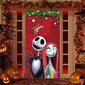 Nightmare Before Christmas Door Cover Jack Skellington Sally Zero Photo Backdrop Halloween Christmas Xmas Winter Holiday Decorations and Supplies for Home Party