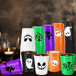 Erweicet 50 PCS Halloween Plastic Party Cups 16 oz Colorful Halloween Disposable Cups Ghost Witch 5 Colors Design Halloween Cups for Coffee Juice Wine Liquor Halloween Party Supplies