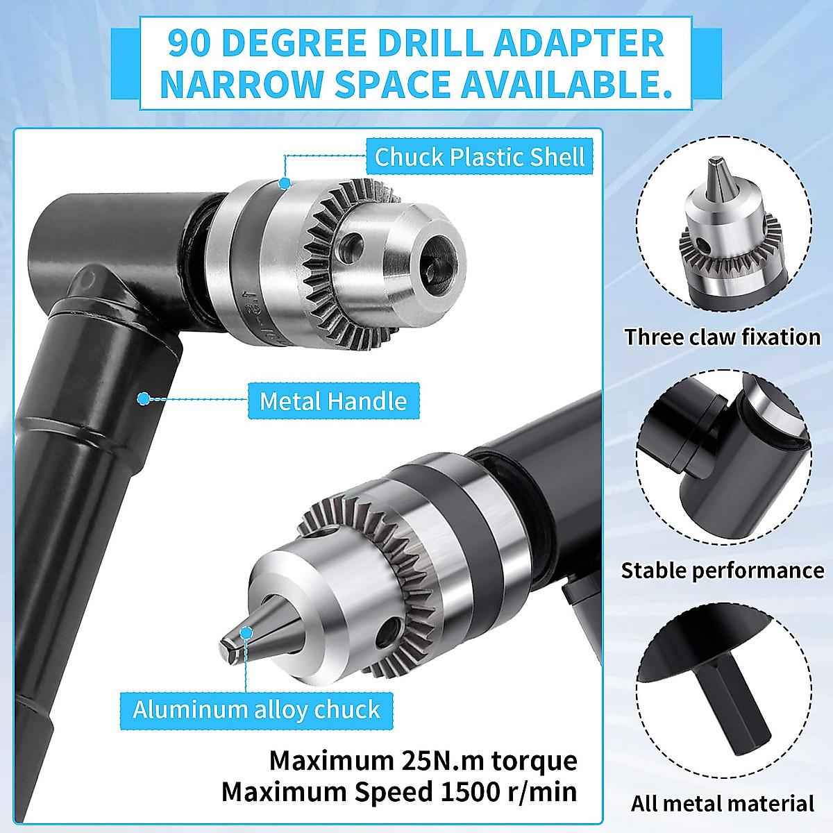 Cordless Right Angle Drill Attachment Adapter,90 Degree Drill Adapter with Handle Chuck 3/8" Keyed Chuck and 8mm Hex Shank Power Tool Attachment (Chuck Range:1-10mm)