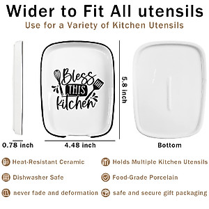 Hvukeke Ceramic Spoon Rest for Kitchen Stove Top Counter, Funny Bless this kitchen White Spoon Holders for Chef, Mom, Grandma, Modern Farmhouse Kitchen Cute Decor Gift