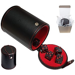 Cyber-Deals Set of 16mm Marbleized Dice and Black PU Leather, Velvet Lined Dice Cup with Storage Compartment (Gift Boxed) (Charcoal Dice, Red Lining Cup)