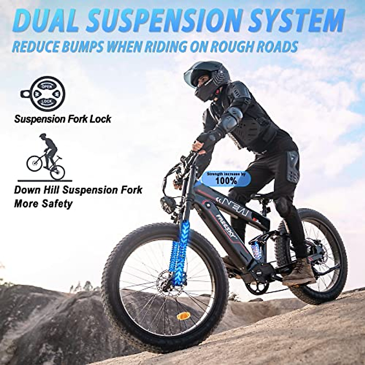 FREESKY Electric Bike for Adults, 1000W BAFANG Motor Dual Battery 26”Fat Tire Electric Bike, Full Suspension Dual Hydraulic Brakes E Mountain Bicycles 35mph 60-110 Miles Long Range Fast Electric Bikes