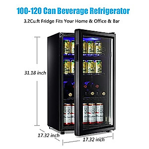 WANAI Beverage Refrigerator Cooler Fridge Glass Door 100Can Beer Fridge Cooler Drinks Wines Juice Soda Cooler Adjustable Shelves Blue LED Lights Temp Control for Home Office Dorm 3.2 Cu. Ft Shelves Blue LED Lights Temp Control for Home Office Dorm Bar 3.2