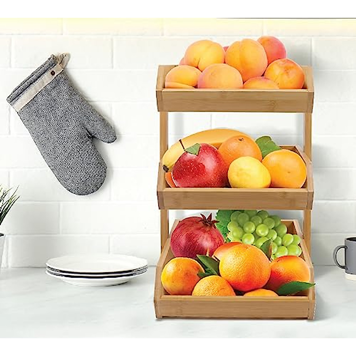 GET SORTED Bamboo Fruit Basket 3 Tier — 33+ Lbs Capacity, 12mm Thickness, Raised Bottom & 2 Hooks — Ideal for Bread, Toiletries, Snacks, Seasonings - Fruit Bowl for Kitchen Counter, Dining Table, etc
