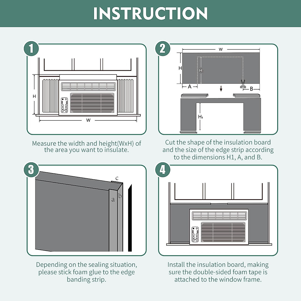 Window Air Conditioner, Side Insulated Foam Panel, Summer/Winter Heat and Draft Insulation 03EVA002BLACK, One Piece Full Surround Insulation Panels with 4 Pressure Strips,Window Seal02 (WHITE)