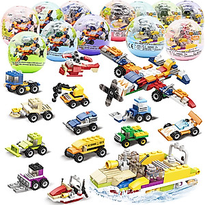 12Pcs Pre Filled Easter Eggs with Mini Buildable Vehicles Building Blocks, Car Egg Surprise Toy for Easter Egg Hunt, Easter Basket Filler, Easter Basket Stuffers, Easter Party Favors School Prize Toys